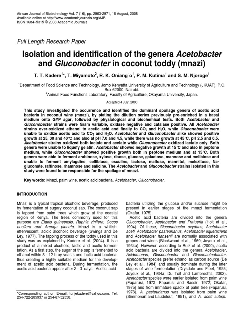 Acetobacter and Gluconobacter in Mnazi | PDF | Fermentation | Acetic Acid