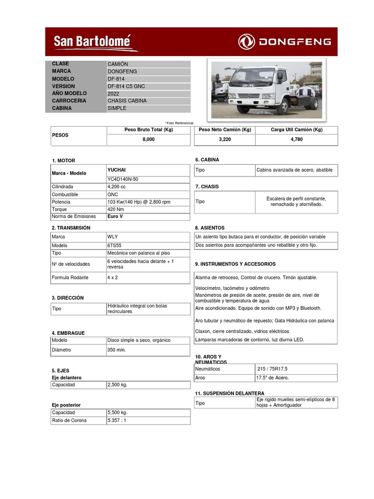 Ficha Tecnica Medianos DF-814 C5 GNC | PDF | Camión | Vehículo de motor
