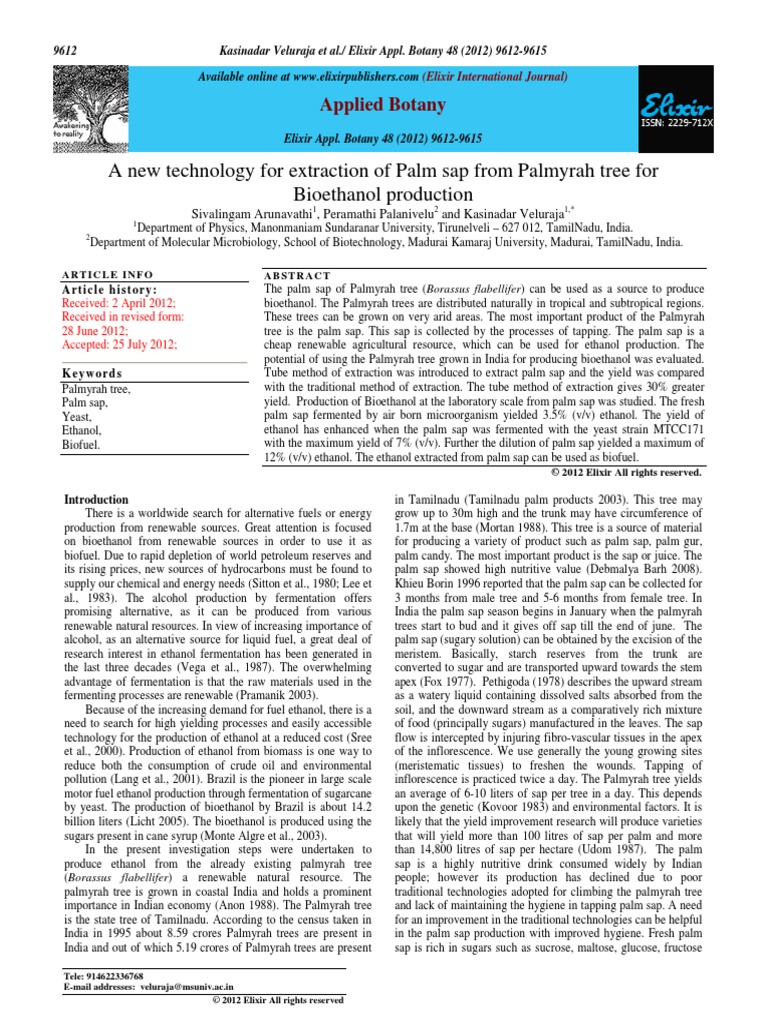 Bioethanol Production from Palm Sap | PDF | Distillation | Yeast