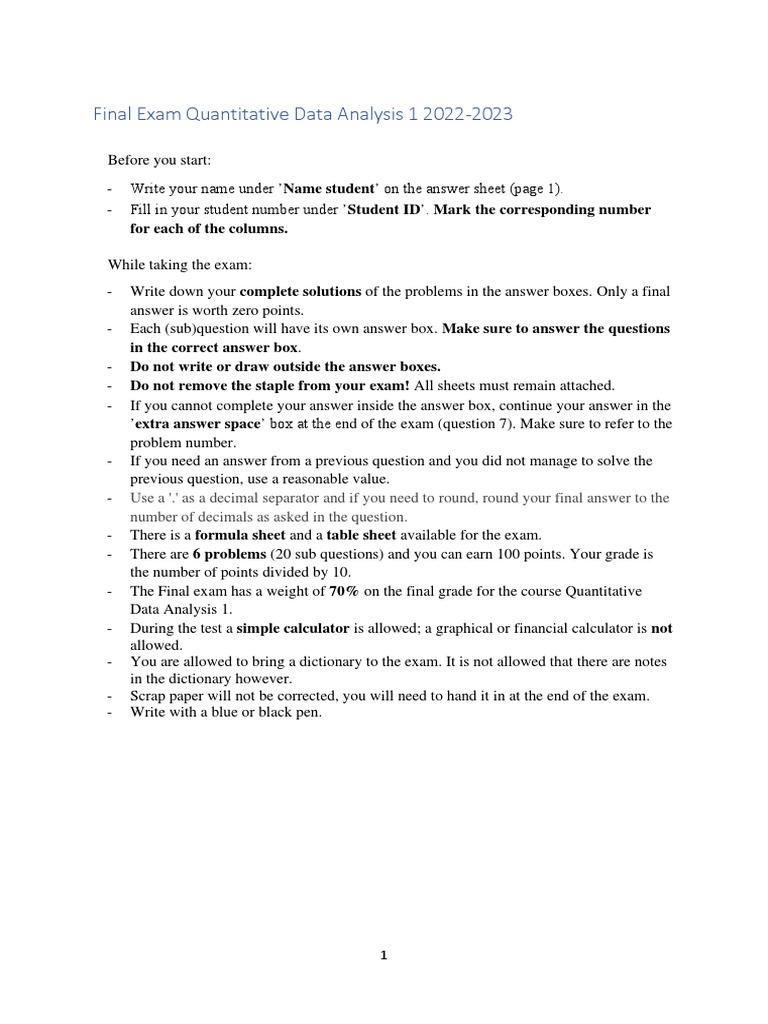 Final Exam Quantitative Data Analysis 1 2023 For Canvas - 451650306 ...
