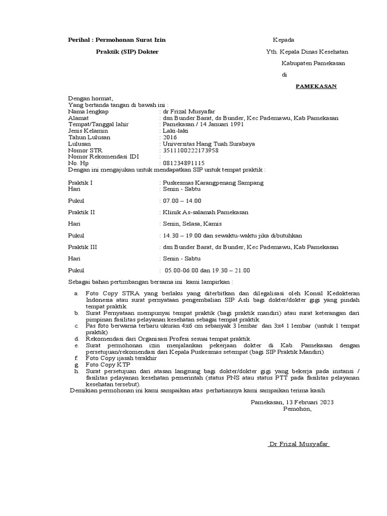 Permohonan Sip Dr Frizal | PDF