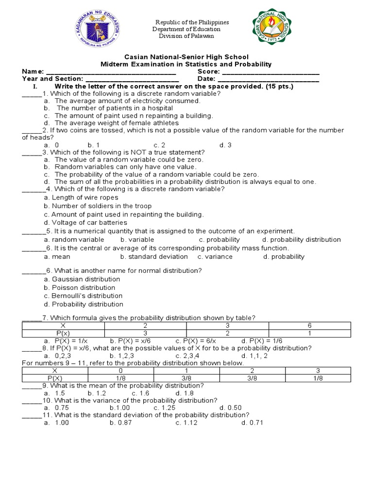 Grade 11 Statistics Midterm Exam | PDF | Probability Distribution ...