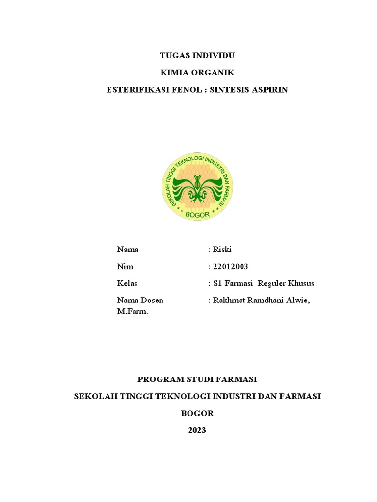 Laporan Kimor Esterifikasi Fenol Pembuatan Aspirin | PDF
