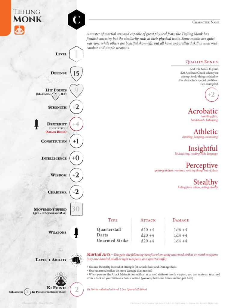 Character Sheet - Monk - INK FRIENDLY | PDF