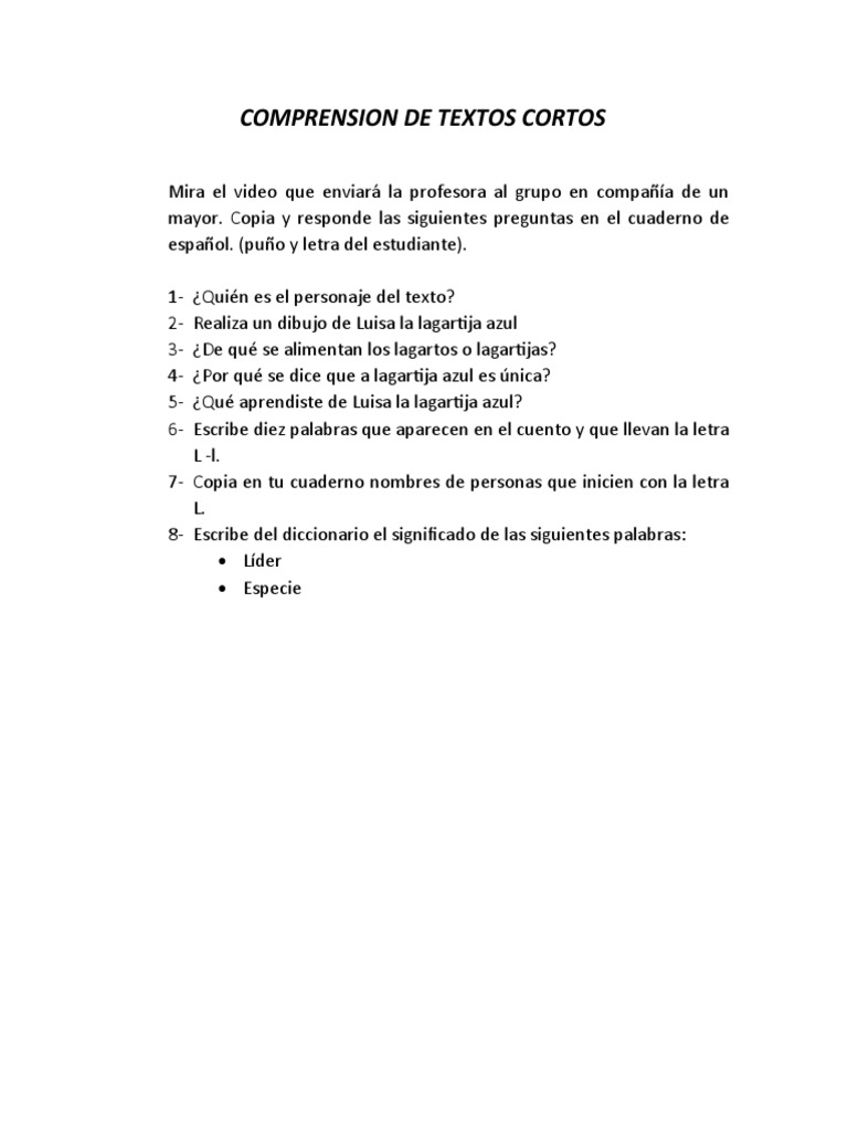 Comprension de Textos Cortos - Letra L | PDF | Artes del Lenguaje y ...