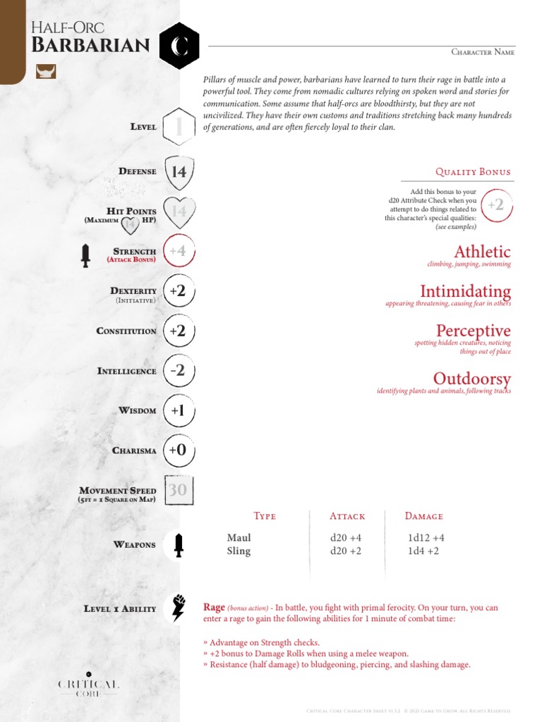 Character Sheet - Barbarian - INK FRIENDLY | PDF