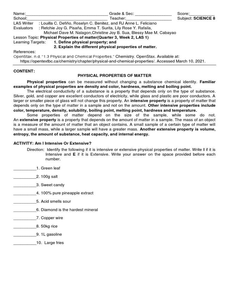 SCIENCE 8 Q3 - WEEK 2 - LAS 1 Physical Properties of Matter | PDF | Matter | Electrical ...