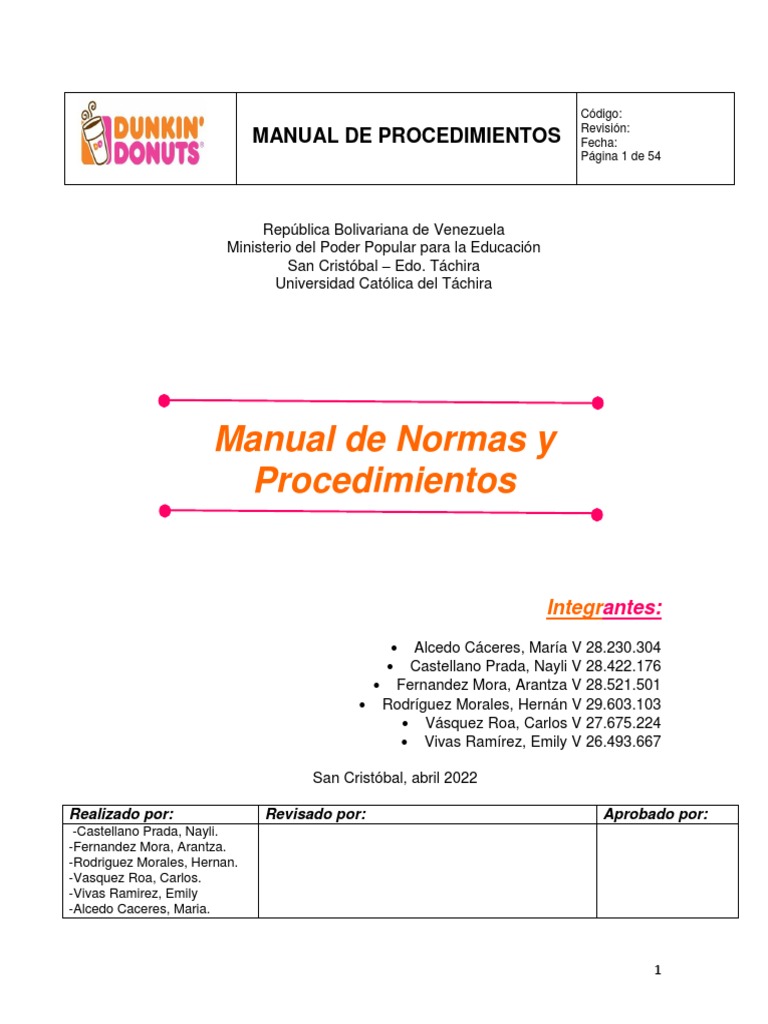 Manual de Normas y Procedimientos DUNKING DONUTS | PDF | Contabilidad | Gestión de recursos humanos