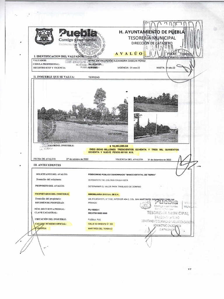 Valor y Avalúo Catastral Del Terreno para El Nuevo Congreso de Puebla | PDF