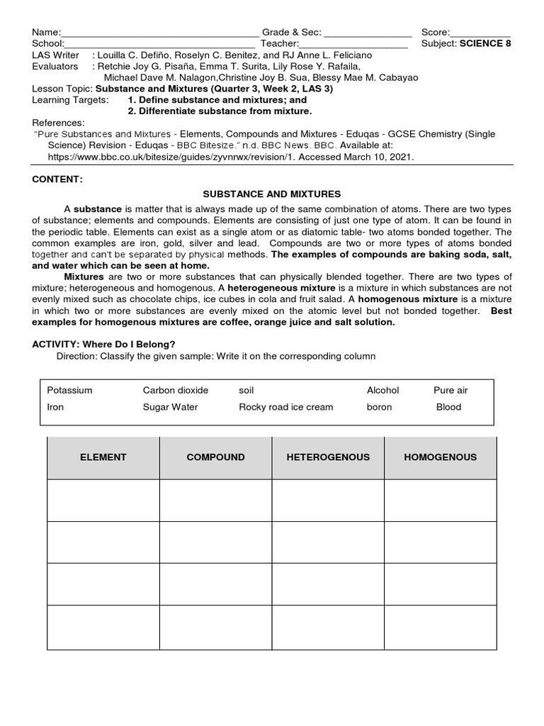 SCIENCE 8 Q3 - WEEK 2 - LAS 3 Substances and Mixtures | PDF