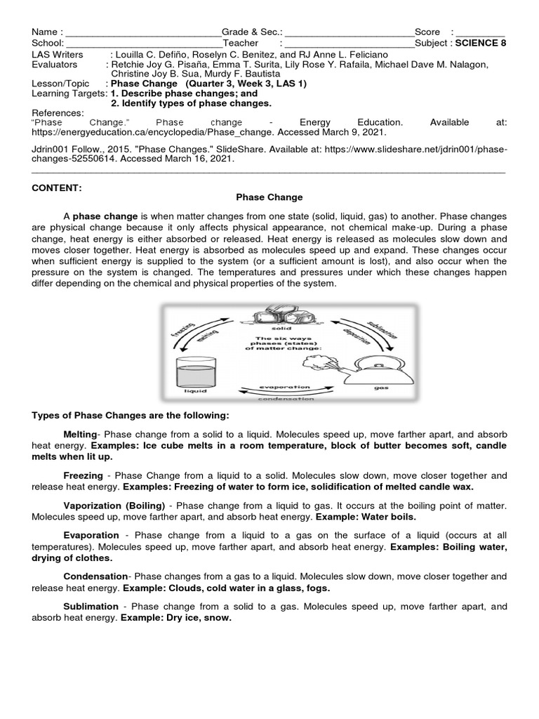 SCIENCE 8 Q3 - WEEK 3 - LAS 1 Phase Change | Download Free PDF | Phase (Matter) | Liquids