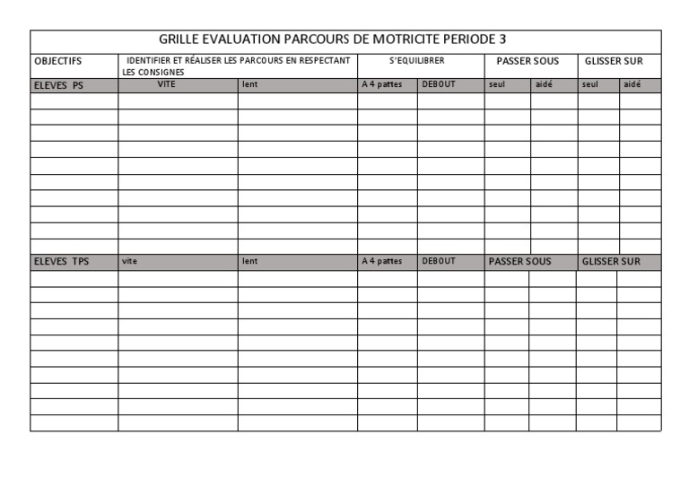 GRILLE EVALUATION PARCOURS de Motricité TPS:PS | PDF