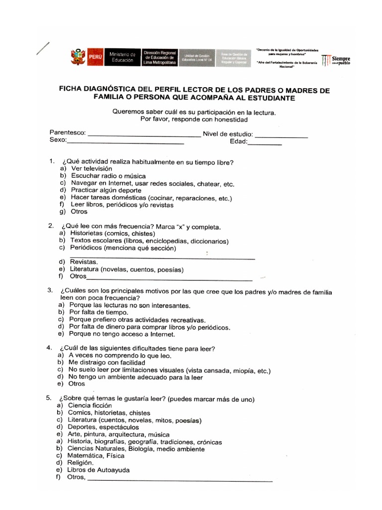 Encuesta A Los Padres de Familia - Plan Lector. | PDF