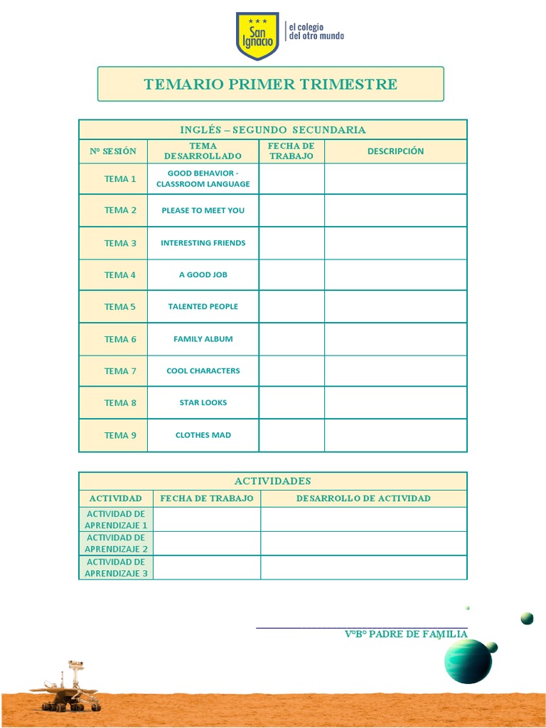 Temario Inglés 2° Secundaria Trimestre 1 | PDF