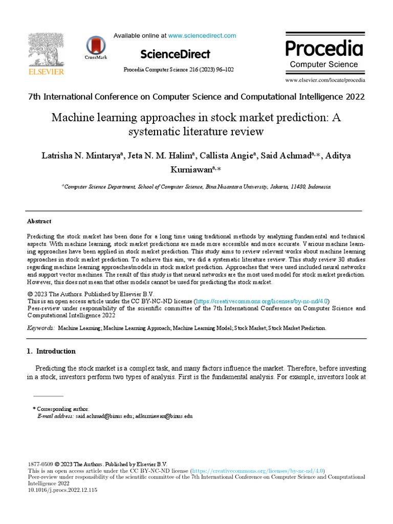 Machine Learning Approaches in Stock Market Prediction A | PDF ...