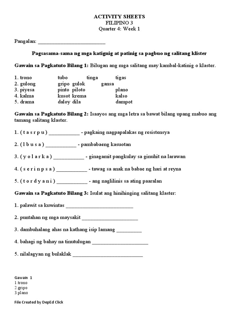 FILIPINO 3 Activity Sheet Q4 W1 | PDF