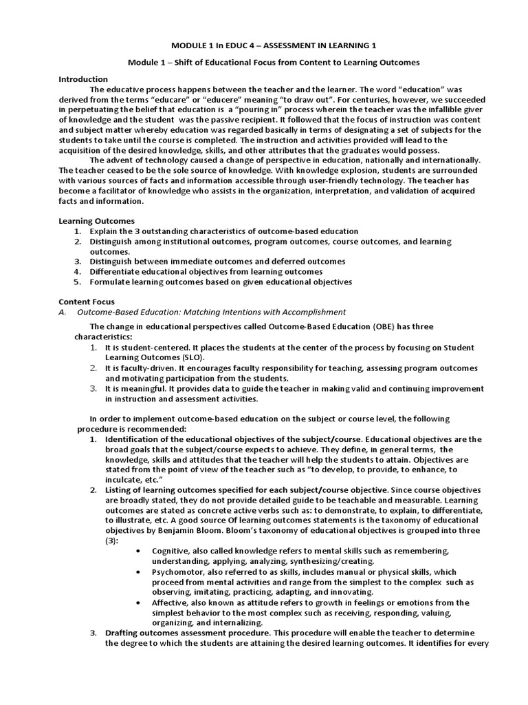 Module 1 SHIFT OF EDUCATIONAL FOCUS FROM CONTENT TO LEARNING OUTCOMES - 091155 | PDF | Learning ...
