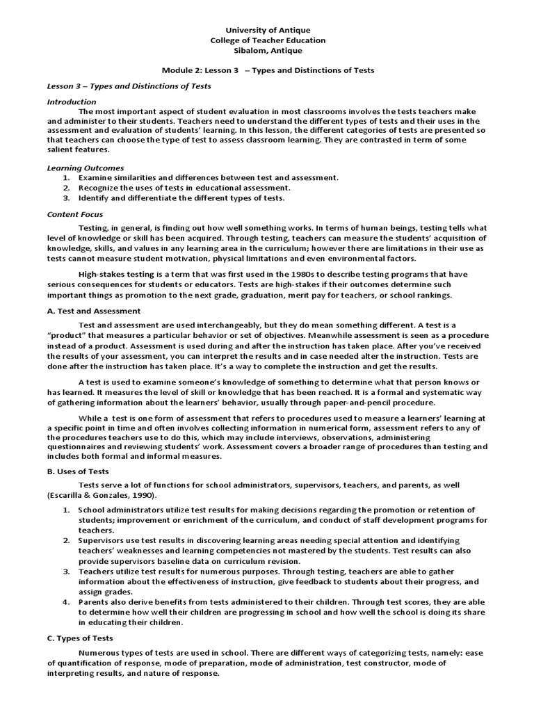 Module 2 - Lesson 3 TYPES AND DISTINCTIONS OF TESTS | PDF | Educational ...
