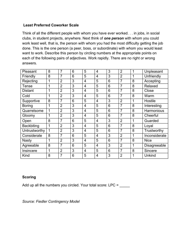 Least Preferred Coworker Scale | PDF