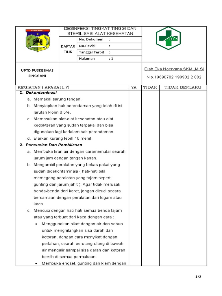 Daftar Tilik Desinfeksi Tingkat Tinggi Dan Sterilisasi Alat Kesehatan | PDF