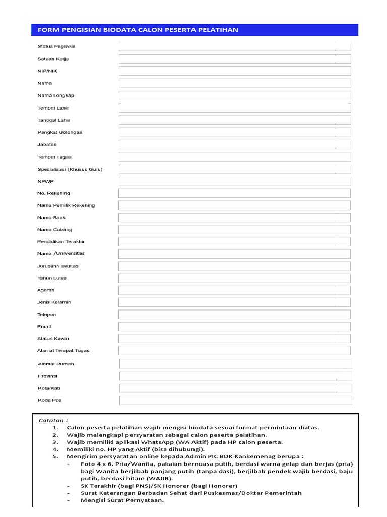 Form Isian Biodata Calon Peserta Pelatihan 2022 - BDK Ambon | PDF