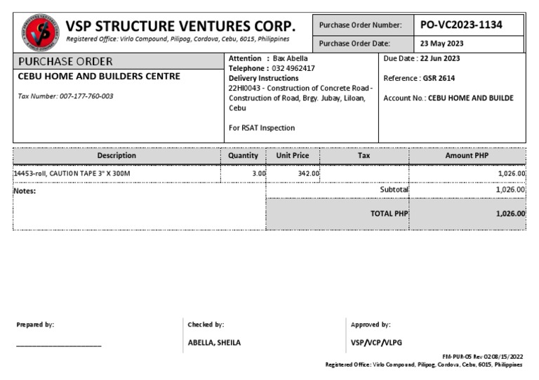 Purchase Order for Concrete Road Construction | PDF