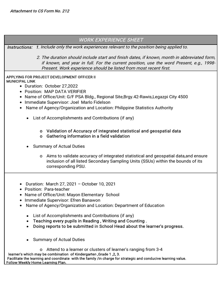 CS Form No. 212 Attachment - Work Experience Sheet | PDF
