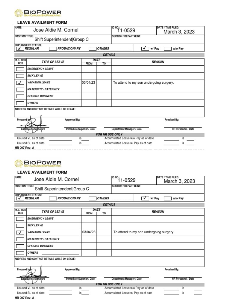HR 007 Rev A - Leave Availment Form - BLANK1 | Download Free PDF ...