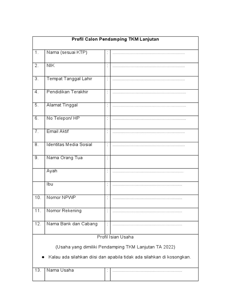 Format Profile Calon Pendamping TKM Lanjutan 2022 | PDF