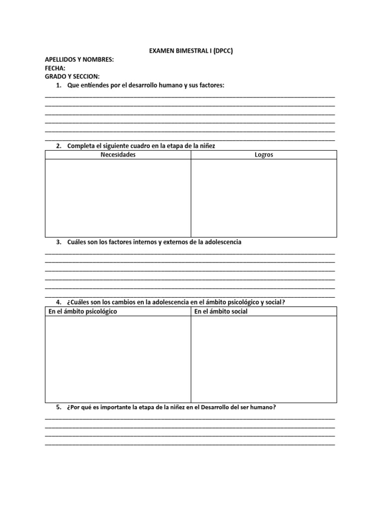 Examen Bimestral I - DPCC 1ro de Secundaria | PDF