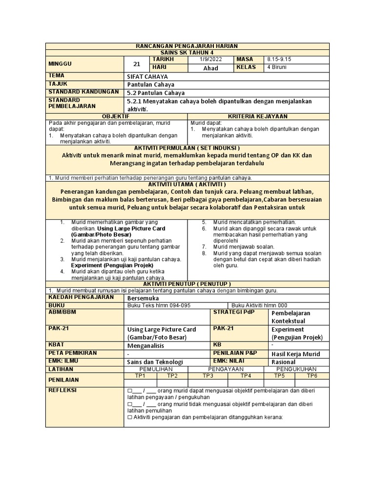 Rancangan Pengajaran Sains Tahun 4 | PDF | Seni