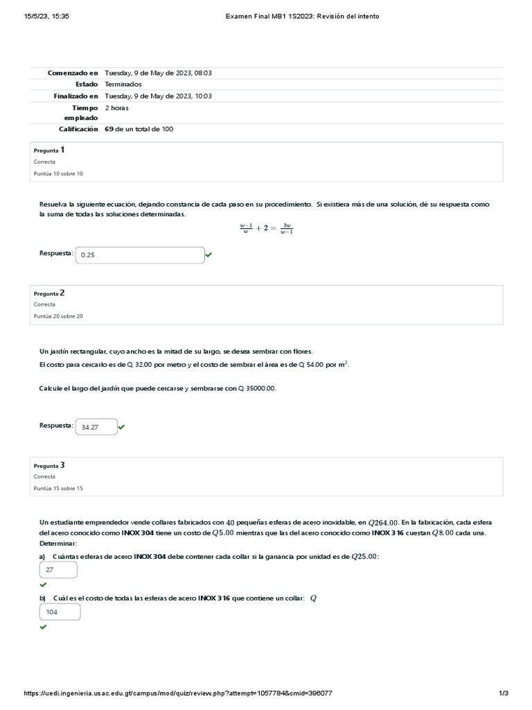 Examen Final MB1 1S2023 - Revisión Del Intento (A) | PDF | Acero ...