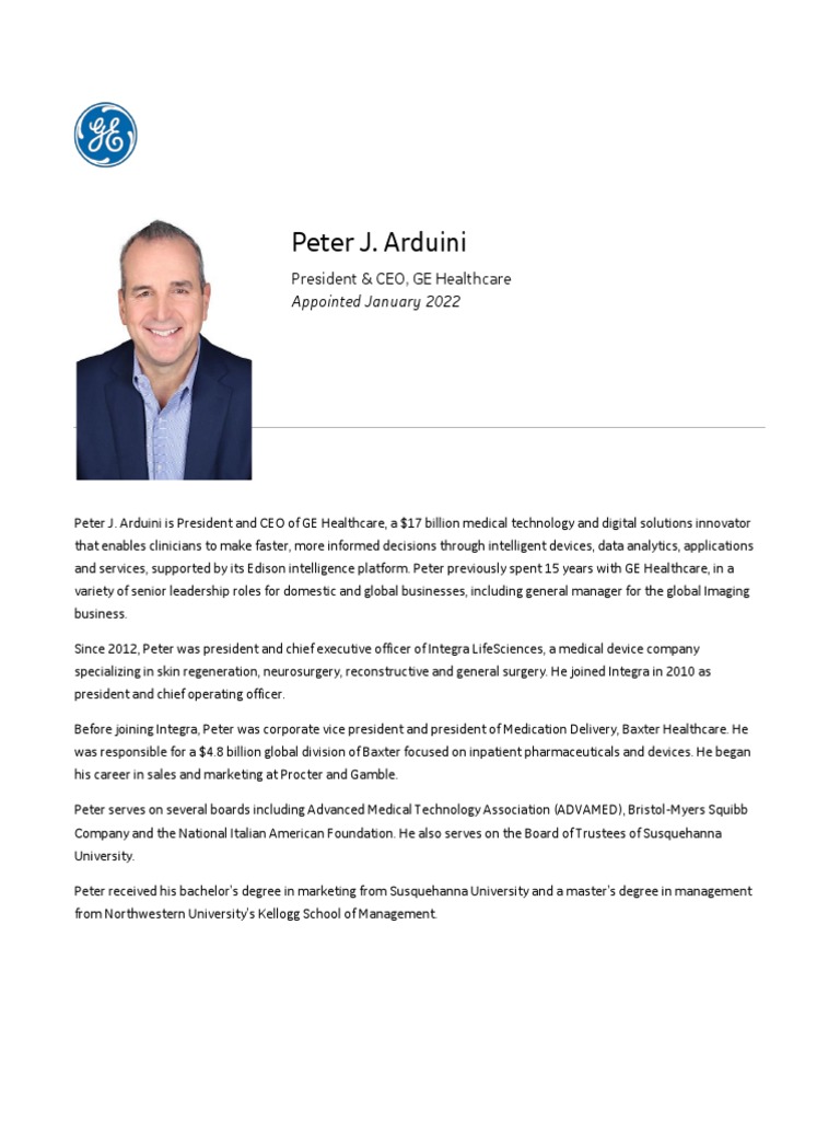 Peter J. Arduini: GE Healthcare CEO Profile | PDF | Business