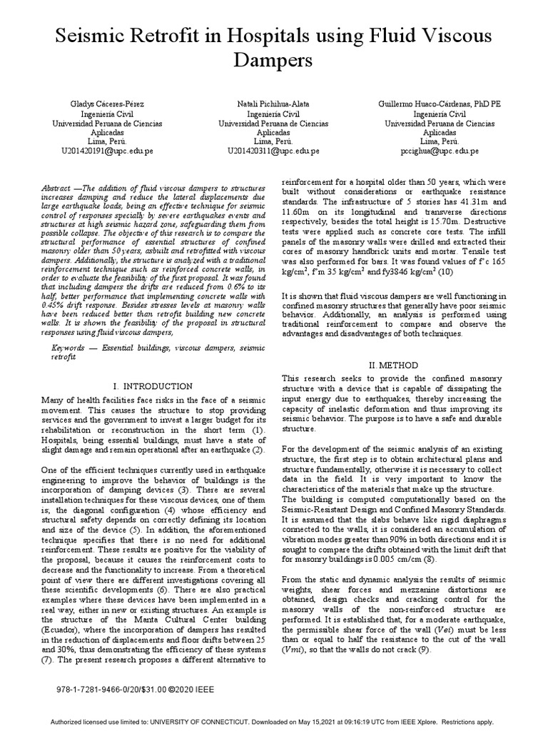 Seismic Retrofit In Hospitals Using Fluid Viscous Pdf Earthquake Engineering Physical Sciences