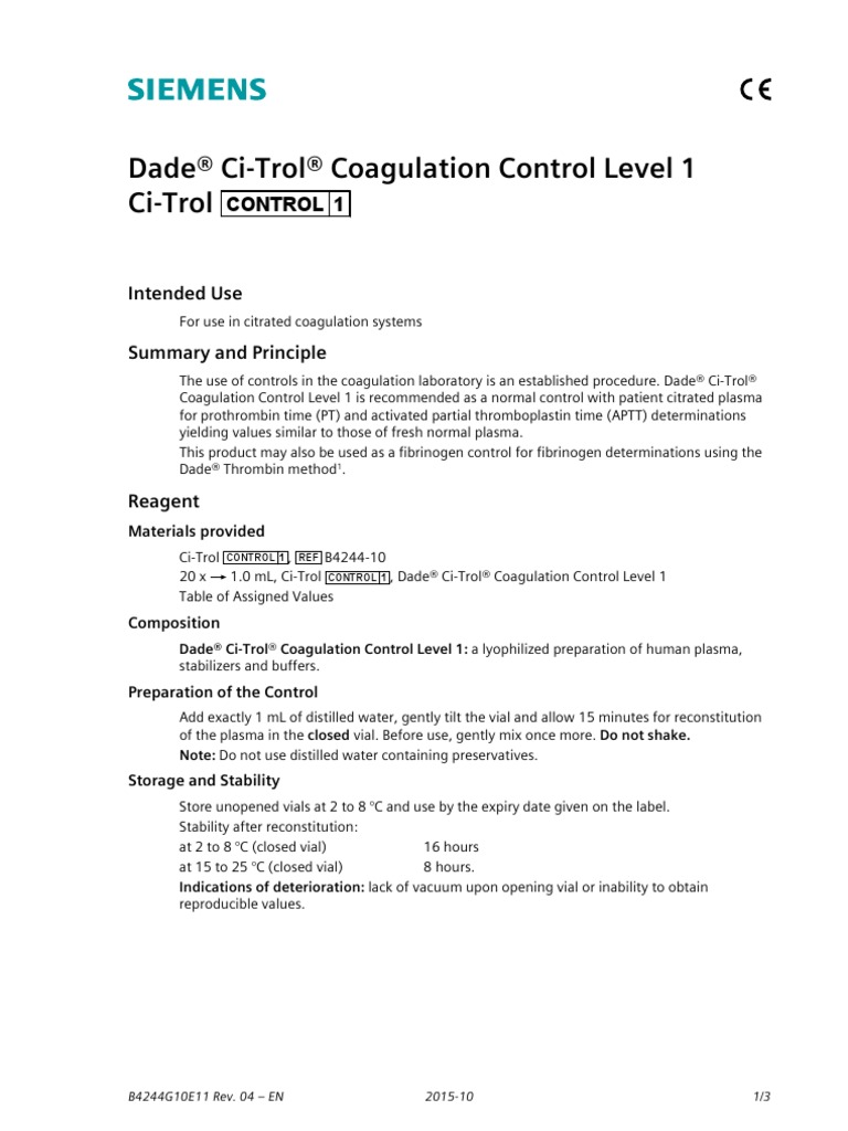 Dade Ci-Trol Coagulation Control Level 1 - Rev 04 DXDCM ...
