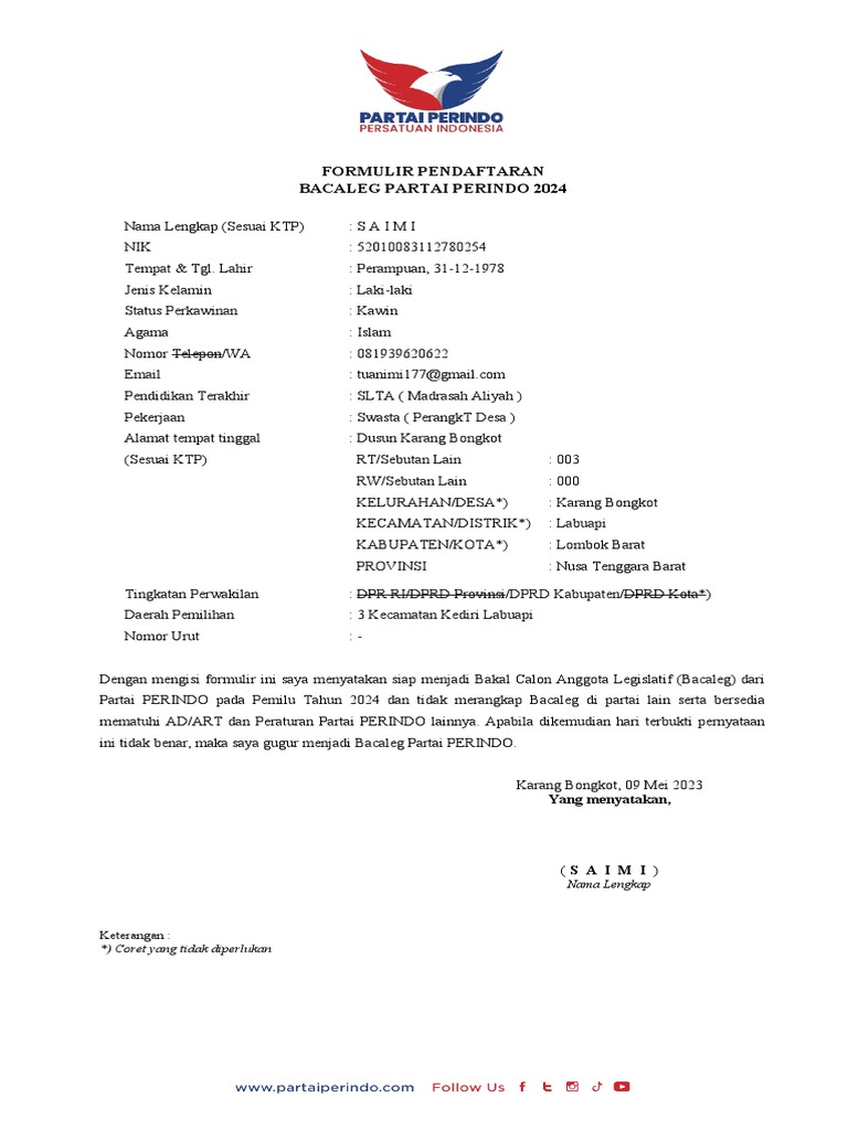 Formulir Pendaftara Bacaleg Perindo | PDF