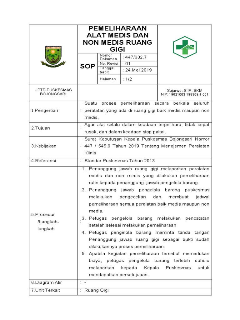 Sop Pemeliharaan Alat Medis Dan Non Medis Ruang Gigi | PDF