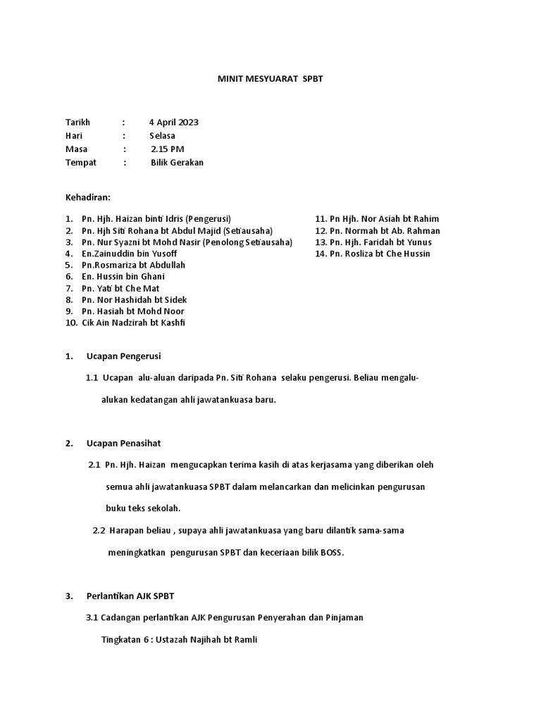 Minit Mesyuarat SPBT | PDF