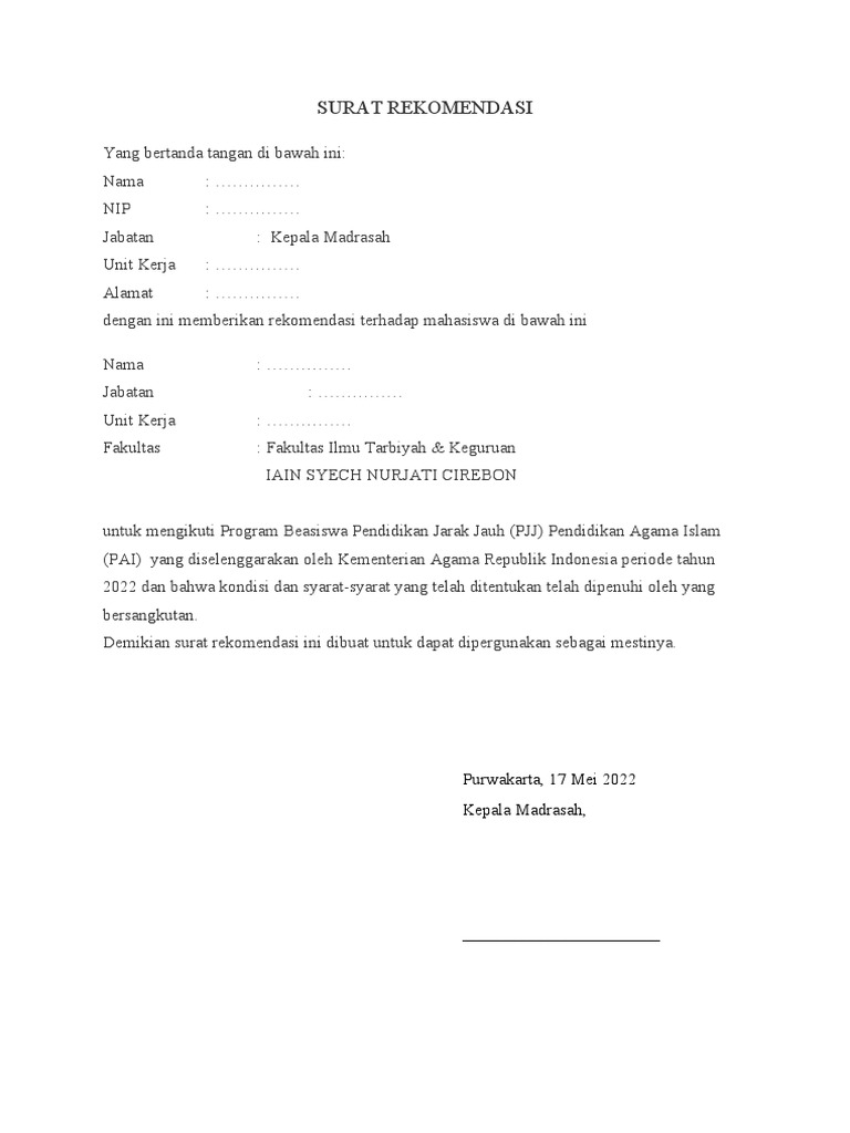 Surat Rekomendasi Beasiswa | PDF