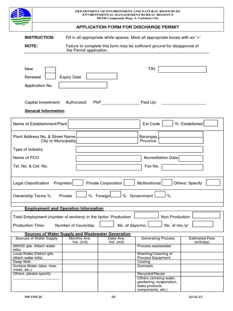 Application Form Discharge Permit | PDF | Water | Water Supply