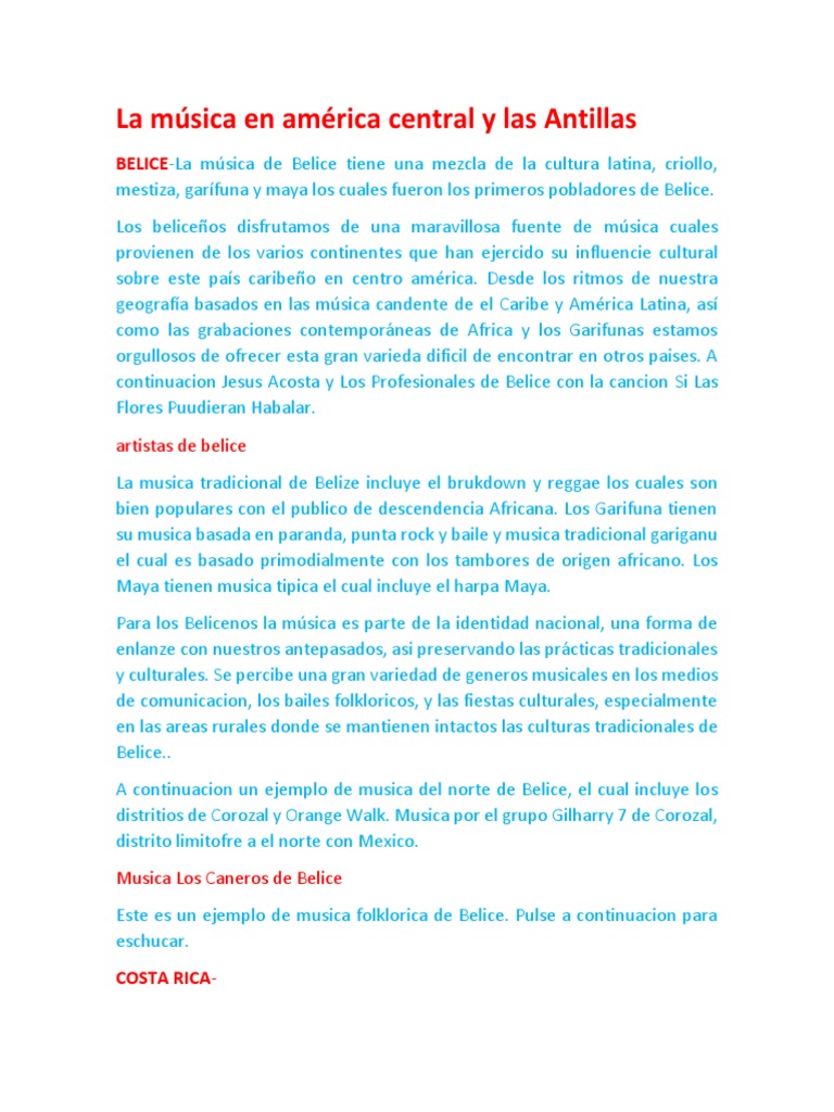 Musica en Centroamerica | PDF | Instrumentos musicales | Belice