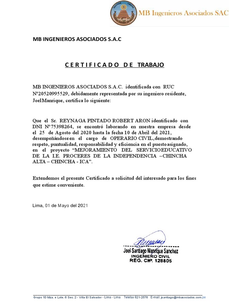 Certificado de Trabajo: R. Reynaga | PDF | Finanzas y dinero | Derecho