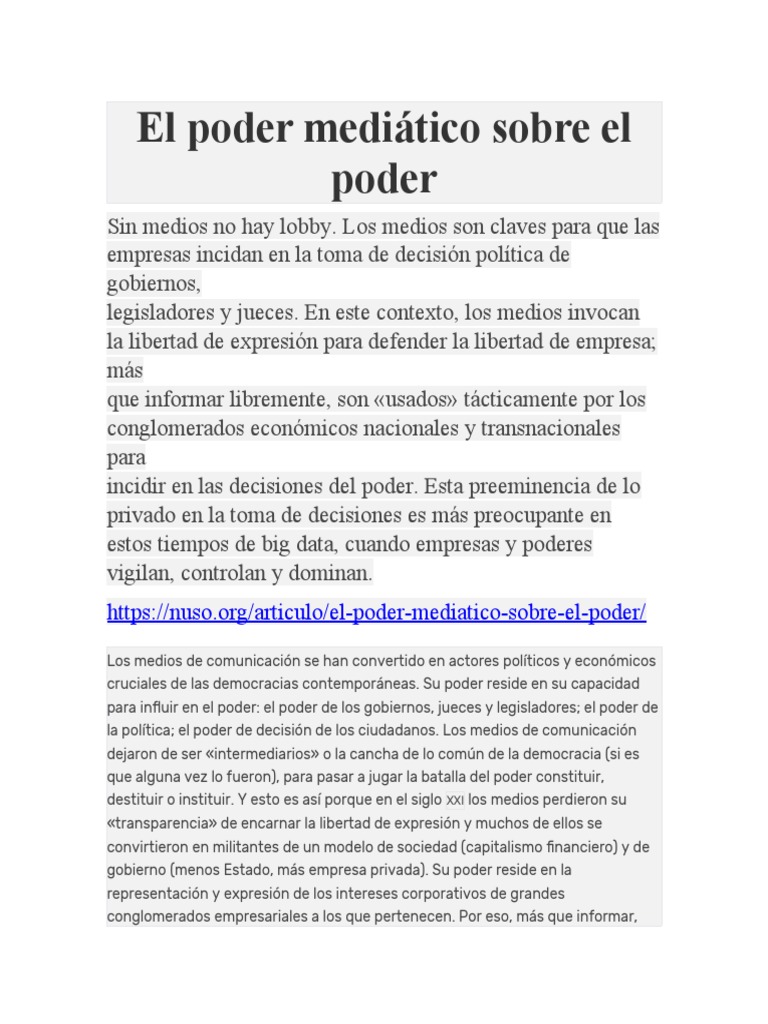El Poder Mediático Sobre El Poder | PDF | Corporación multinacional