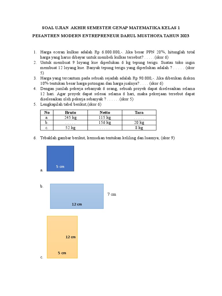 Soal Ujian Akhir Semester Genap Matematika Kelas 1 2 Dan 3 | PDF