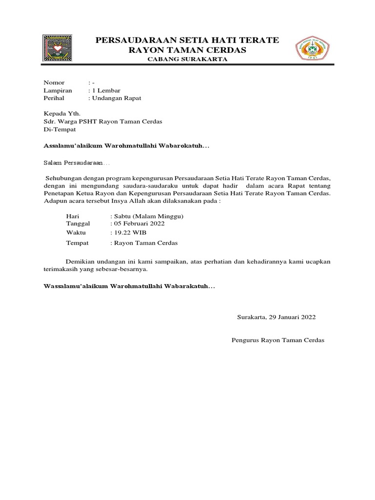 Undangan Rapat PSHT Rayon Taman Cerdas | PDF
