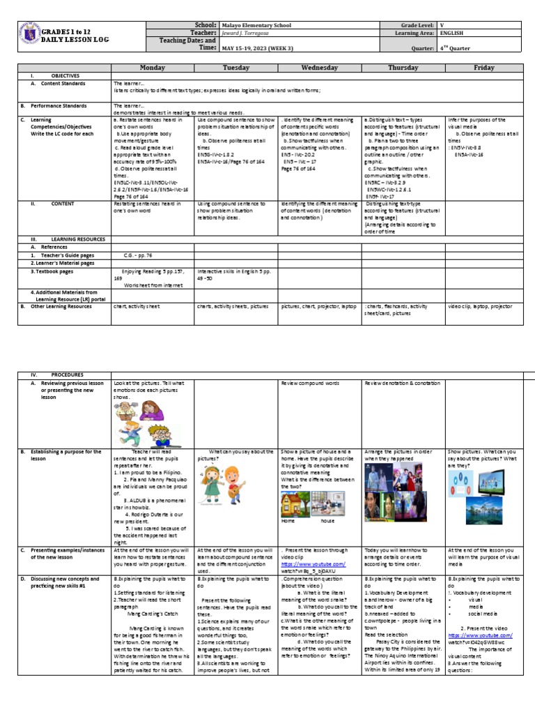 Grade 5 DLL English 5 Q4 Week 3 | PDF | Reading Comprehension | Cognition