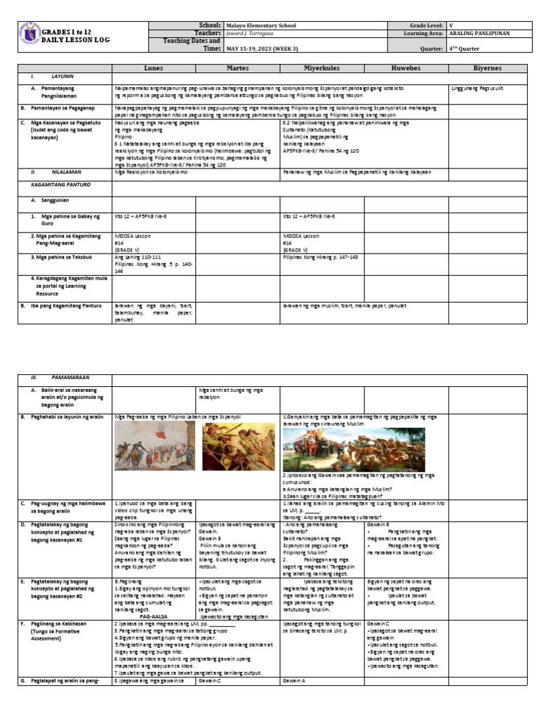 Grade 5 DLL Araling Panlipunan 5 Q4 Week 3 | PDF