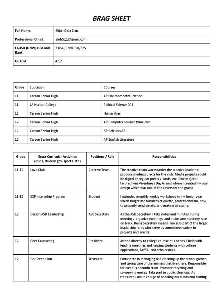 Brag Sheet - Elijah Dela Cruz-2 | PDF | Schools | Motivation