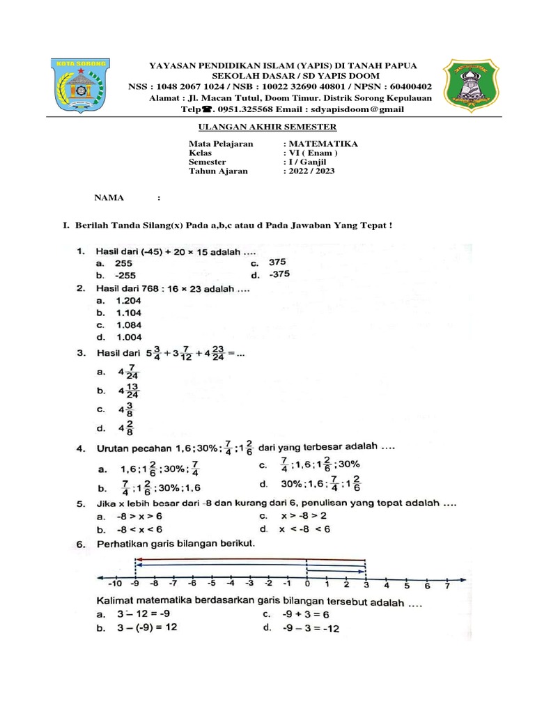 Uas MTK KLS 6 Semester 1 | PDF