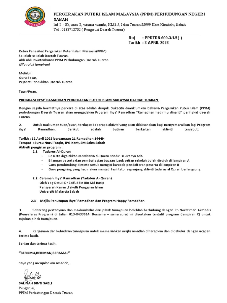 SURAT EDARAN SEKOLAH IHYA RAMADHAN 2023 - Draf | PDF